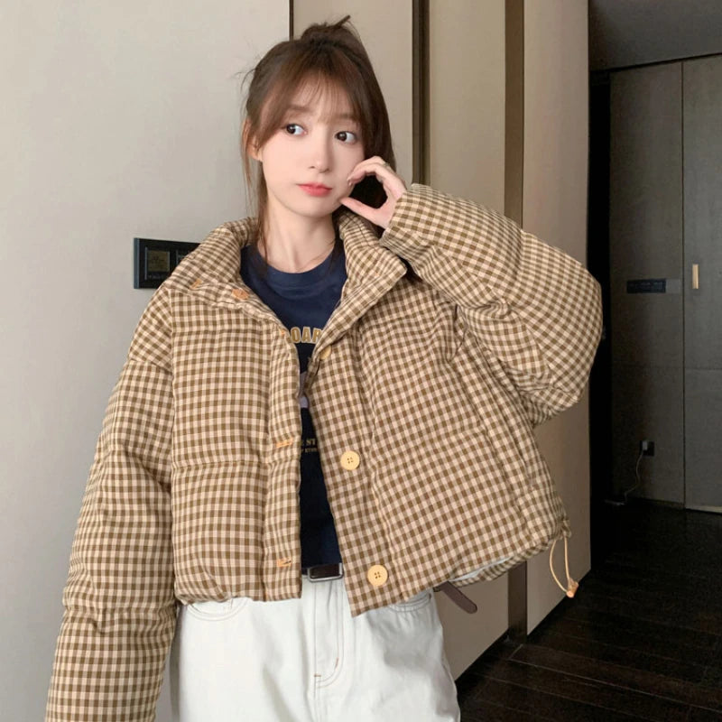 Cozy Plaid Oversized Cropped Jacket For Women on Luulla