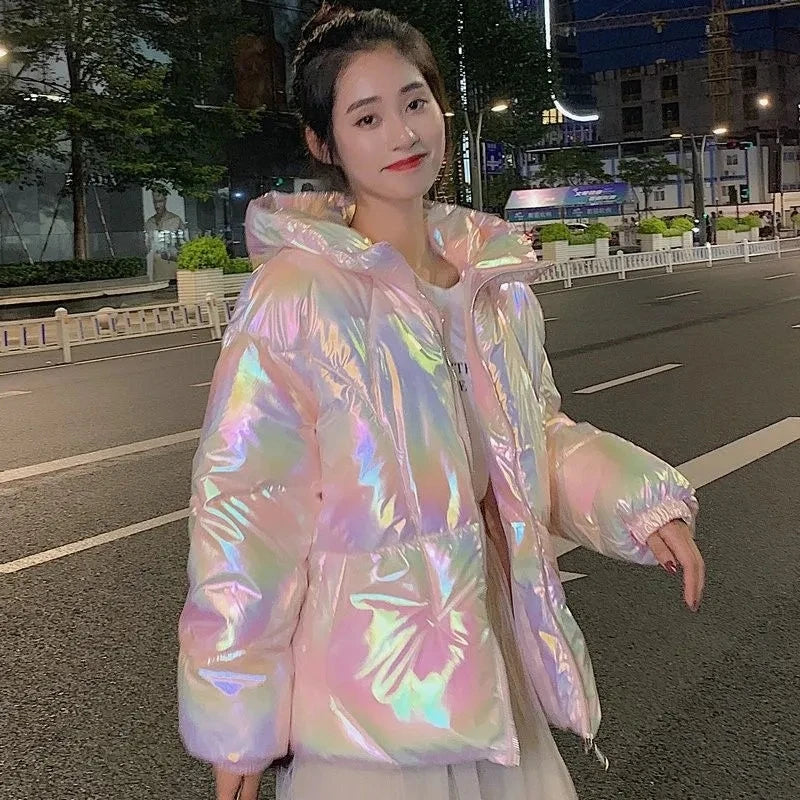 Iridescent Shiny Hooded Puffer Jacket For Women on Luulla