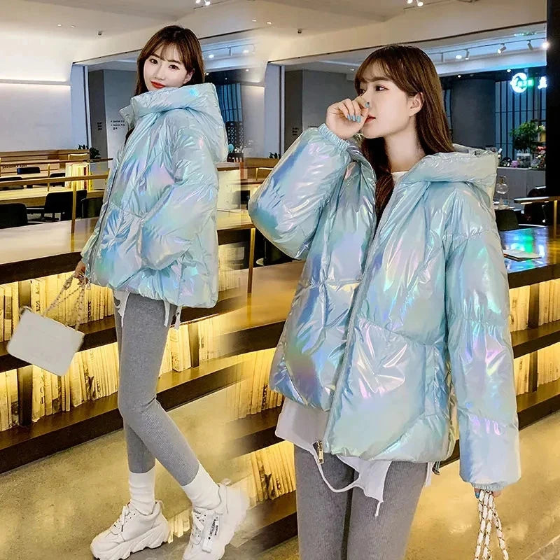 Iridescent Full-length Hooded Puffer Coat For Women on Luulla