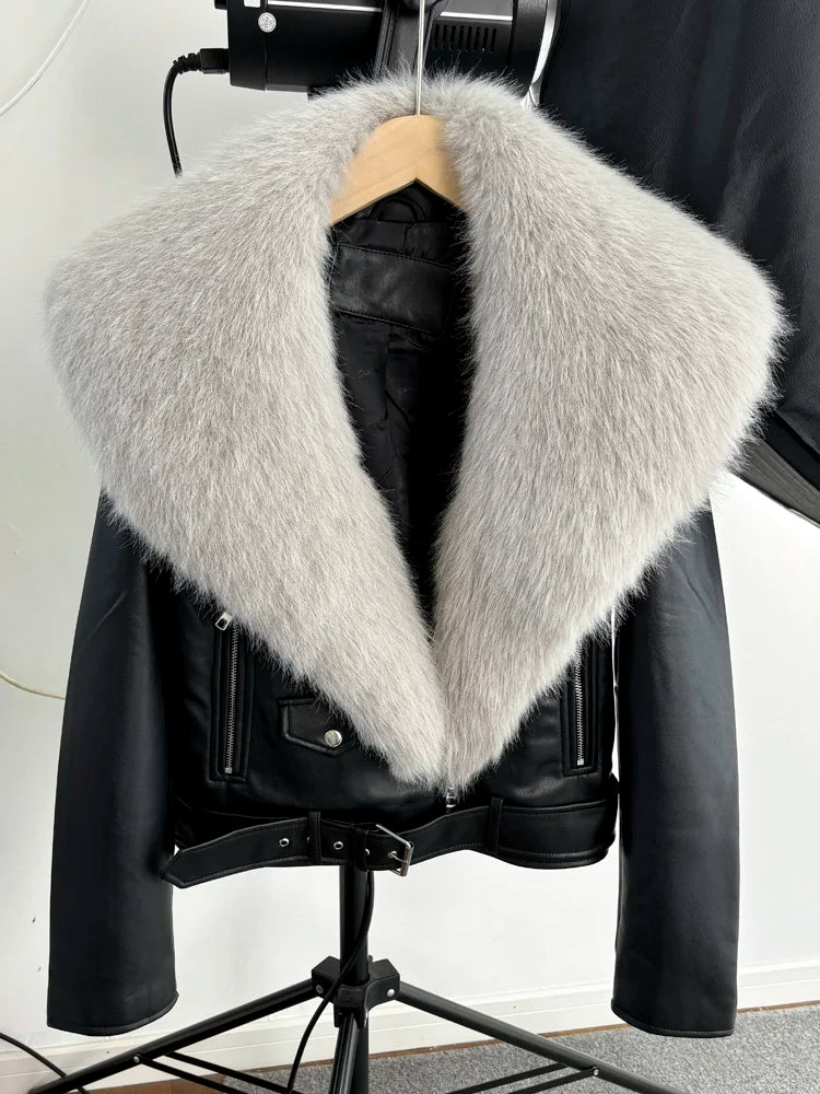 Luxe Faux Fur Trimmed Leather Jacket Black on Luulla