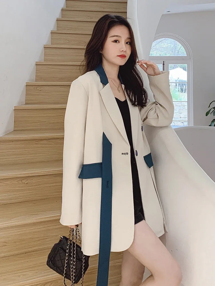 Chic Womens Two-tone Long Blazer Jacket on Luulla