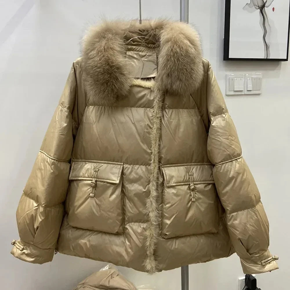 Luxurious Gold Puffer Jacket With Faux Fur on Luulla
