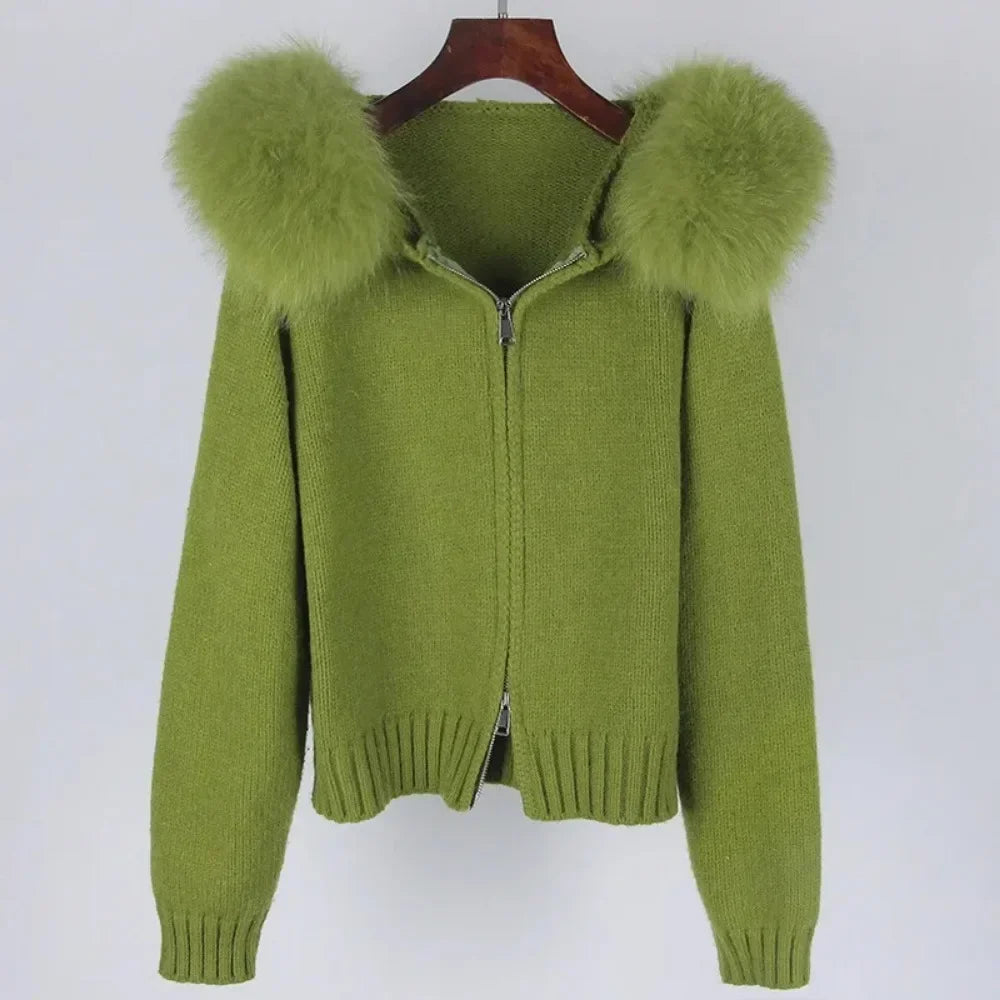 Cozy Green Knit Jacket With Fur Hood on Luulla