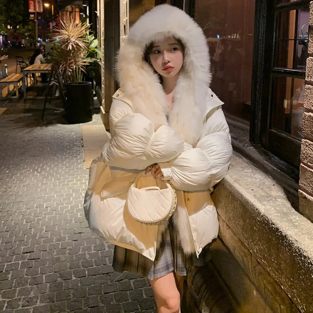 Chic Winter White Fur Hooded Puffer Coat on Luulla