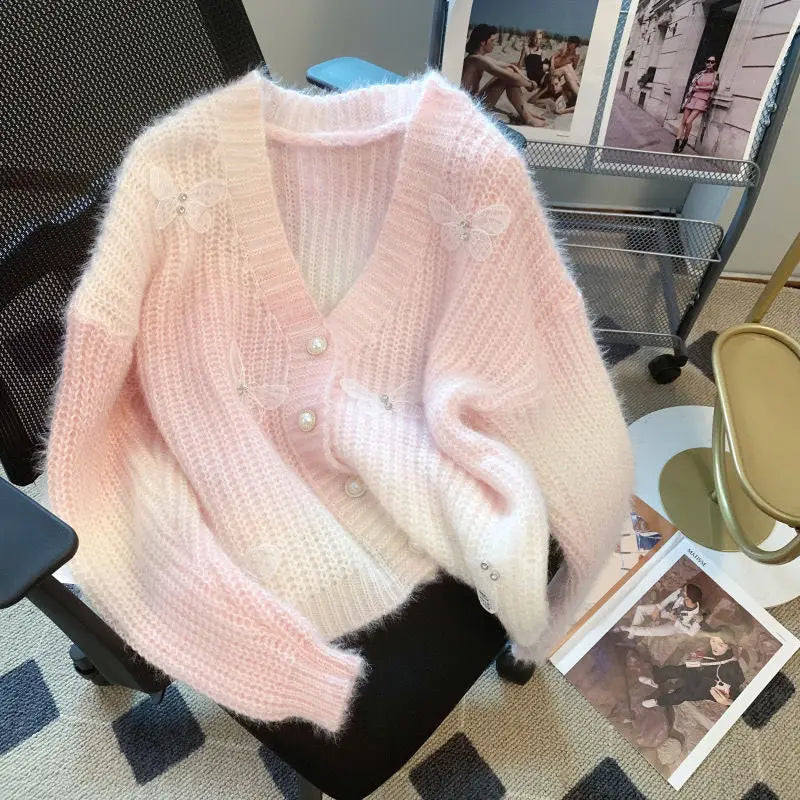 Cozy Pink Ribbed Knit Cardigan With Buttons on Luulla
