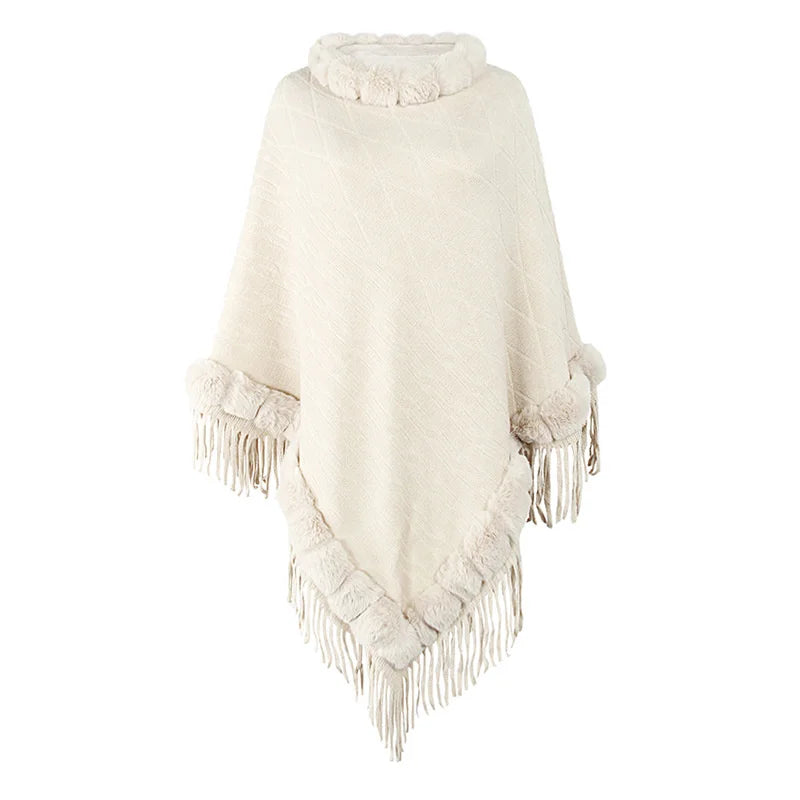 Plush Cream Poncho With Fringe And Trim on Luulla