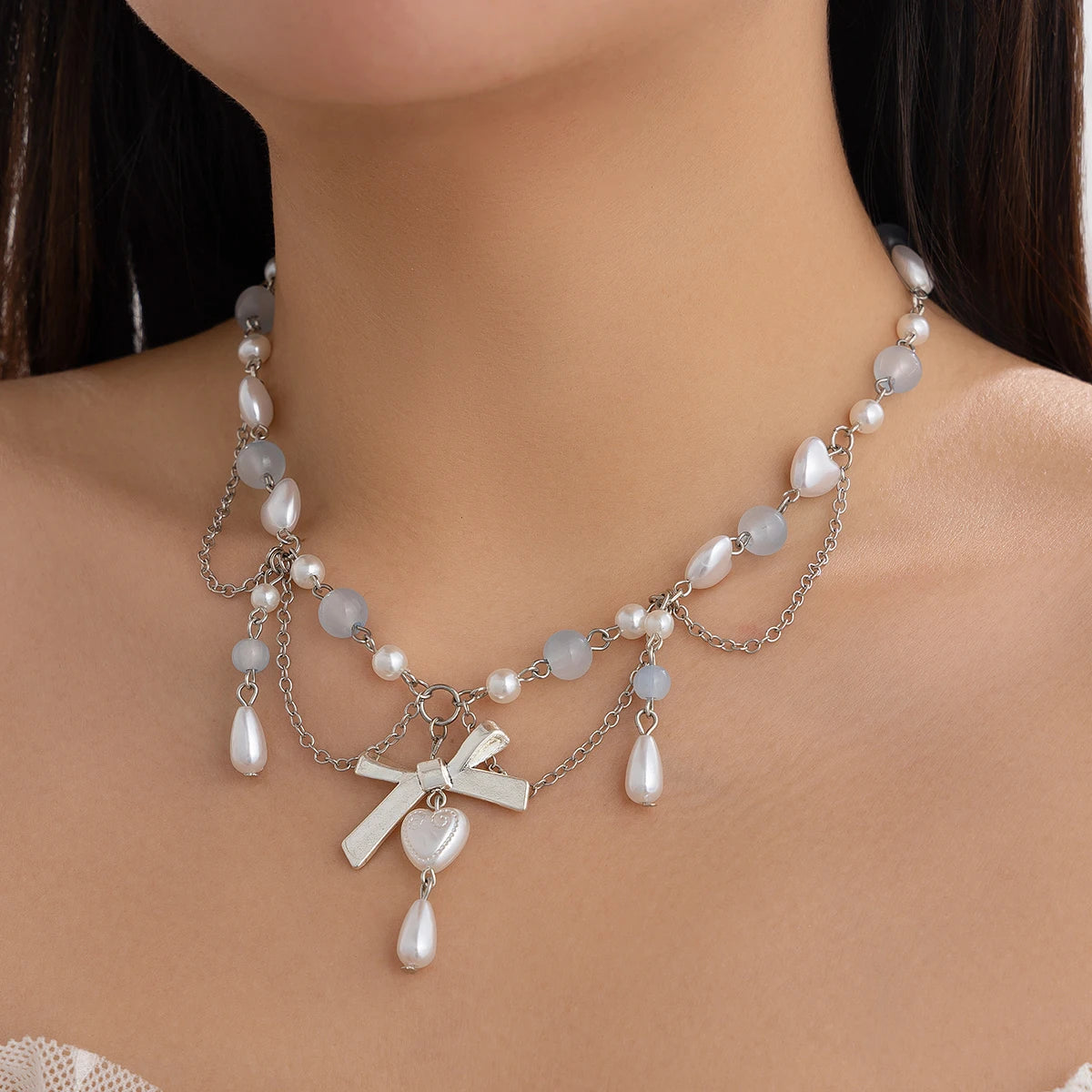 Multi-layered Pearl Necklace With Heart Accents on Luulla