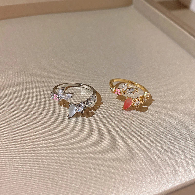 Adjustable Crystal Leaf Design Open Rings Set on Luulla