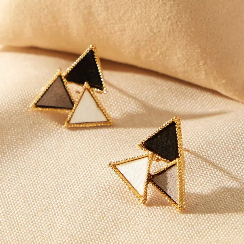 Geometric Gold Triangle Black White Earrings Set on Luulla