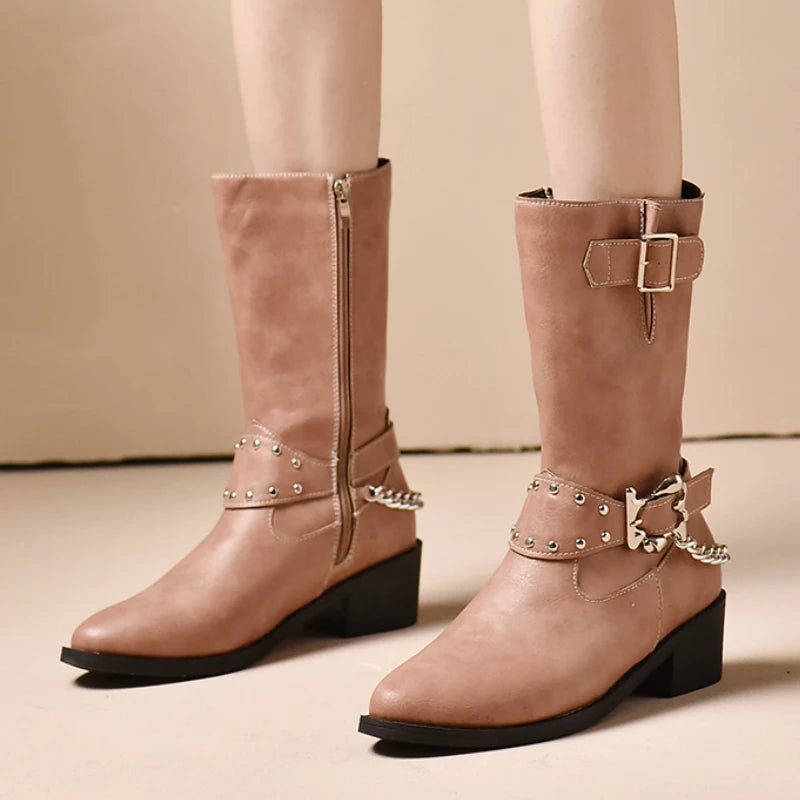 Rivet-studded Tall Boots With Buckle And Chain on Luulla