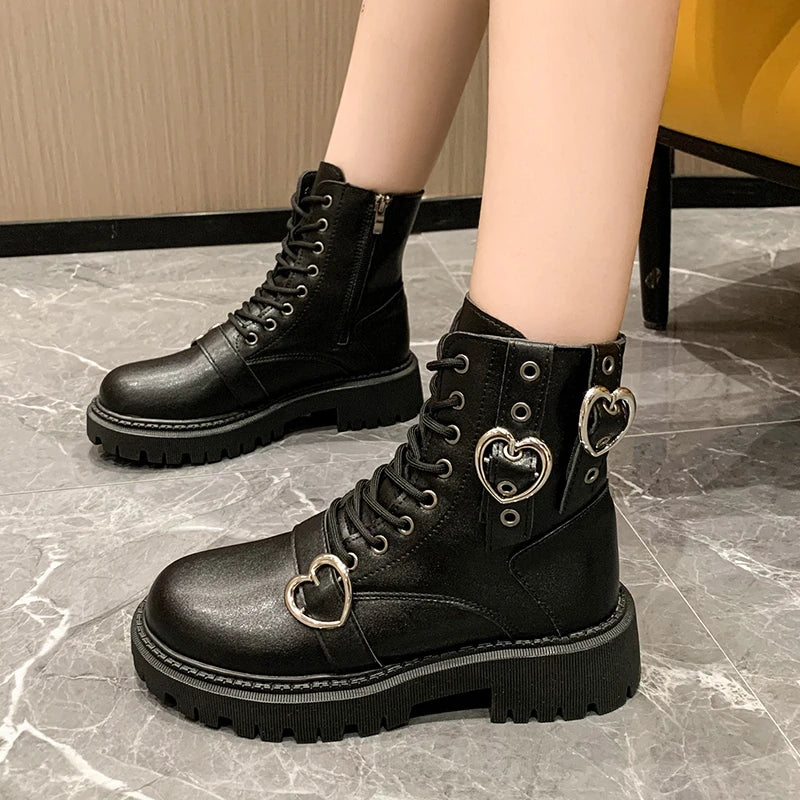 Black Lace-up Boots With Heart Buckles on Luulla