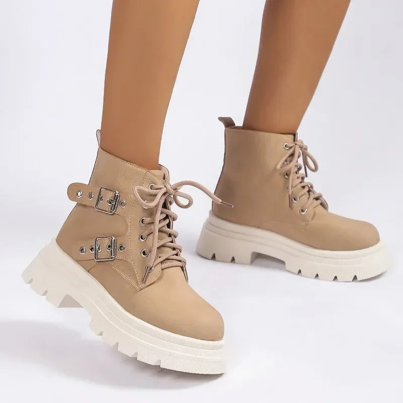 Chunky Beige Ankle Boots With Double Buckles on Luulla