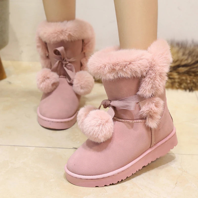Cozy Pink Fur-lined Boots With Pom Poms on Luulla