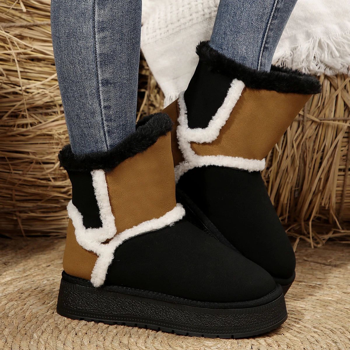 Shearling-lined Winter Boots With Contrast Panels on Luulla