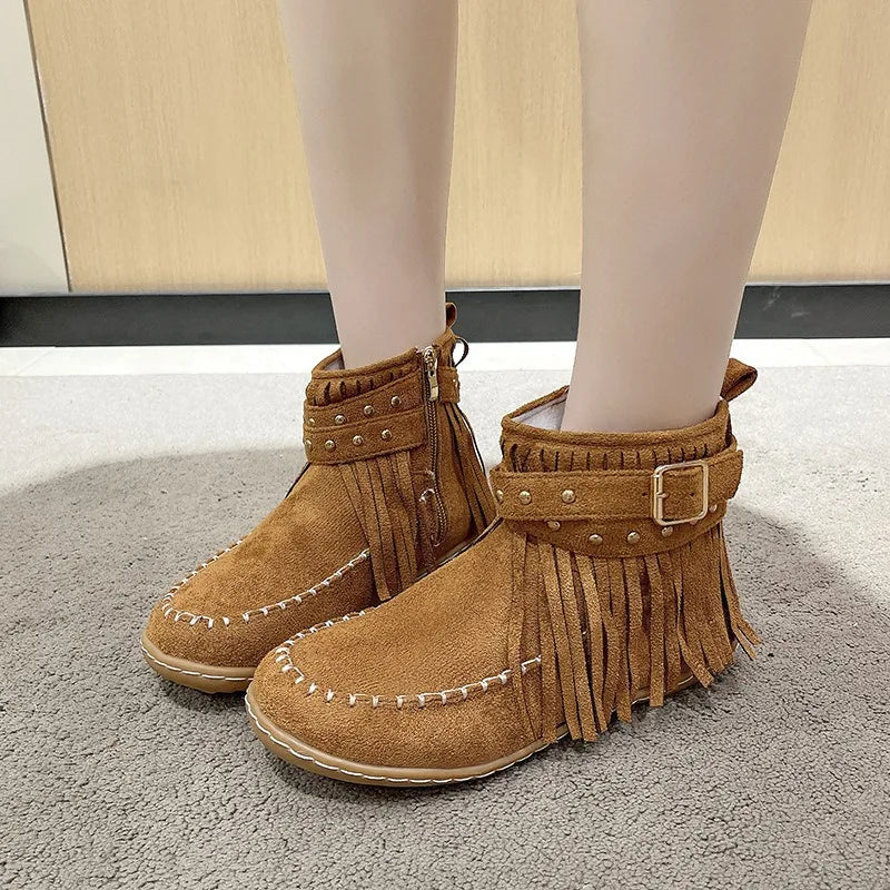 Suede Fringe Ankle Boots With Studded Buckles on Luulla